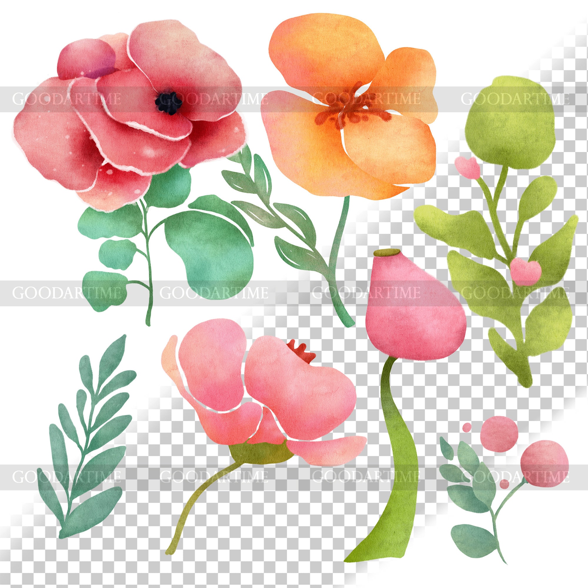 Colorful Floral Clipart Set: Flowers, Leaves. Digital Summer Flowers ...