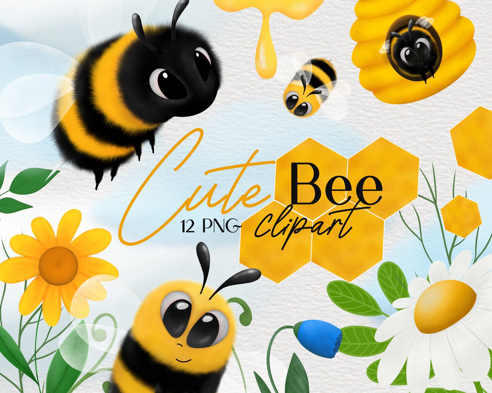 Cute Bee Clipart Honey Bee Png Clip Art Digital Summer - Etsy