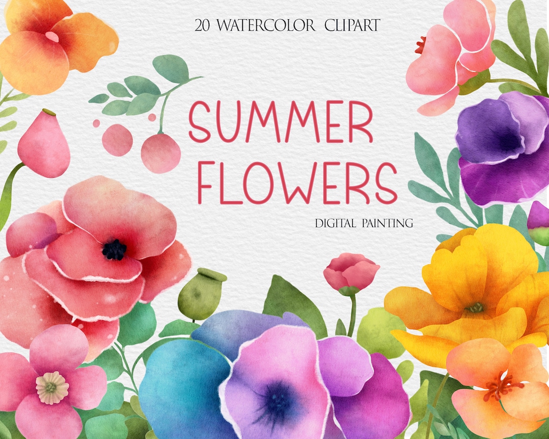 Colorful Floral Clipart Set: Flowers, Leaves. Digital Summer Flowers ...