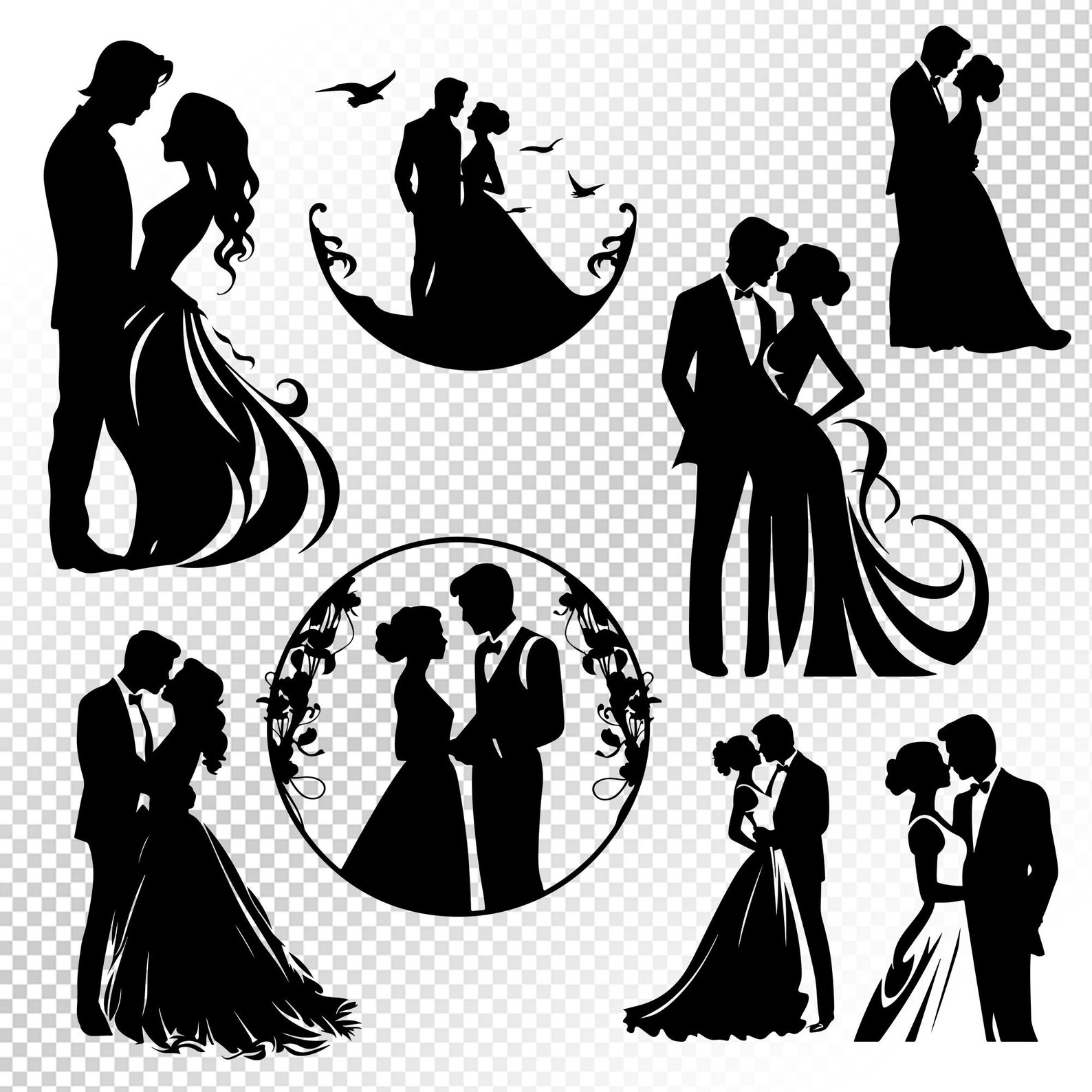 Wedding Couple Silhouette Bundle SVG, Bride and Groom Svg, Married ...