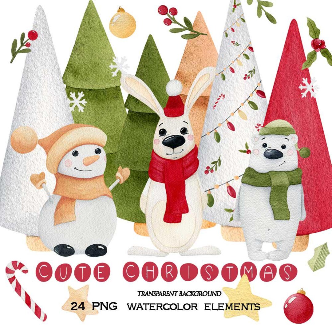 Christmas Watercolor Clipart Set – Cute Winter Animals, Holiday Trees ...