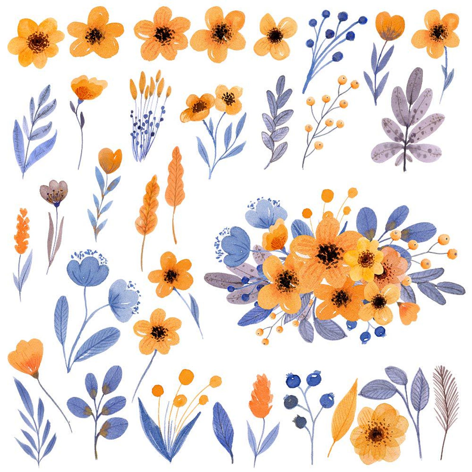 Watercolor Flowers Clipart Orange and Blue – Hand Painted Floral PNG ...