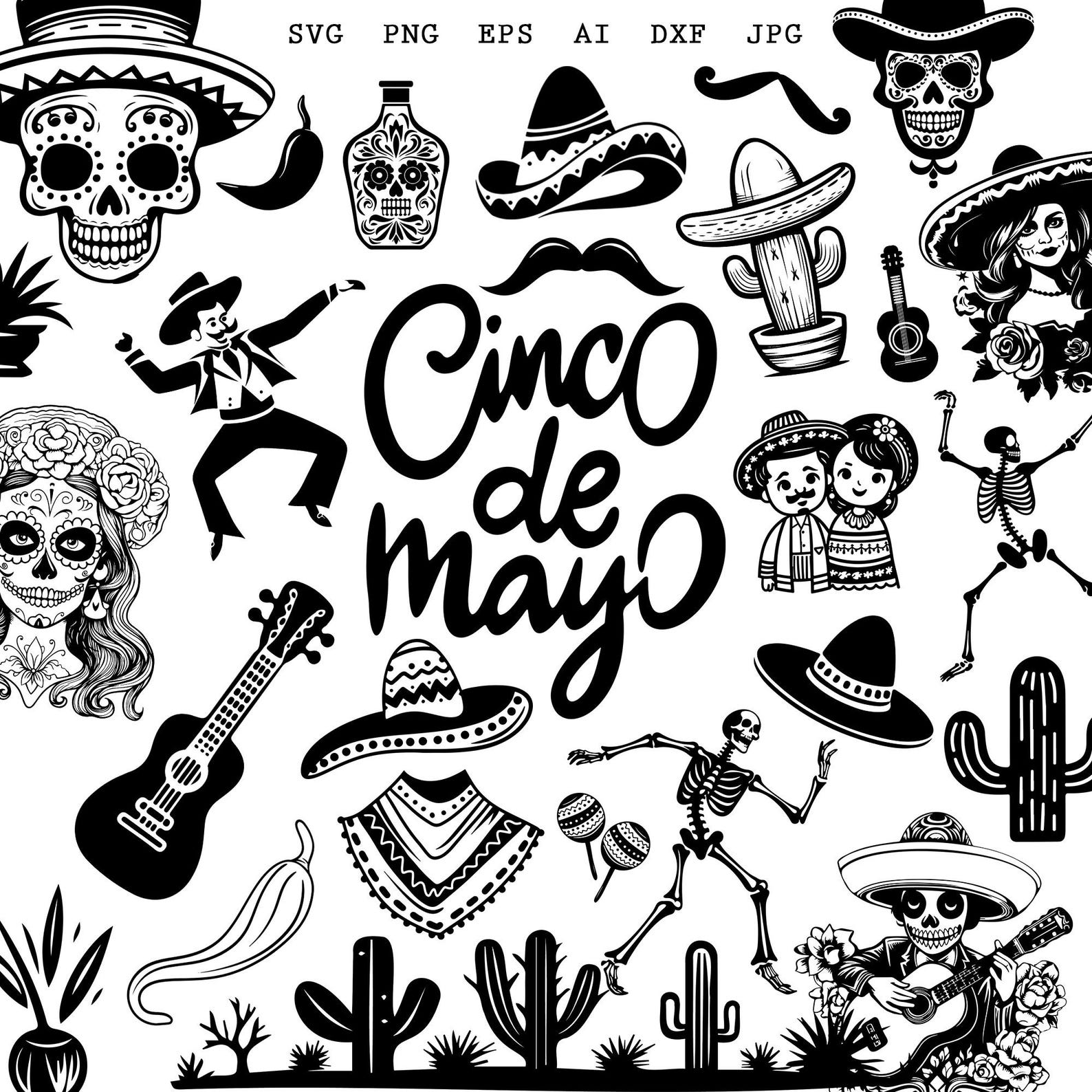 Cinco De Mayo SVG Bundle – 43 Mexico Fiesta Clipart | Sombrero, Cactus ...