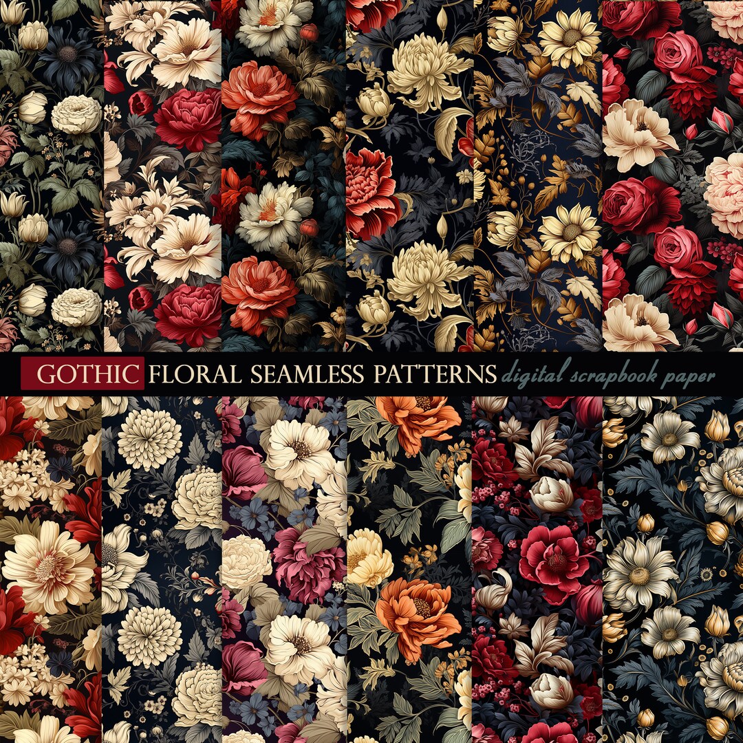 Gothic Red, Yellow, Black Flowers Digital Paper, Antique Flowers ...