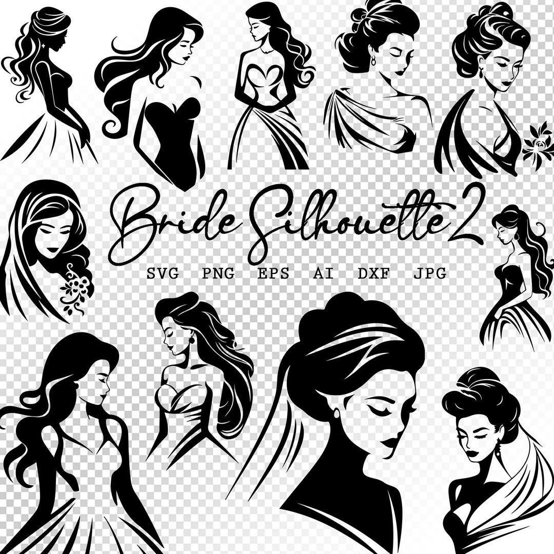 Wedding Bride Silhouette Bundle(2) SVG Files for Cricut, Wedding Dress Silhouette PNG, Bride Cut ...