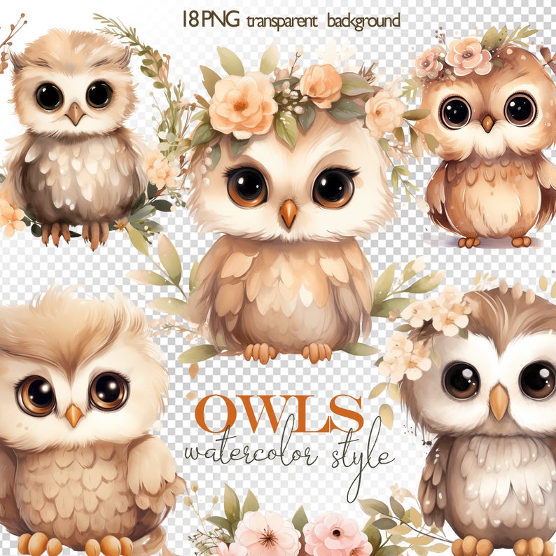 Watercolor Owls Clipart PNG in Boho Style, Woodland Animal Png, Digital ...