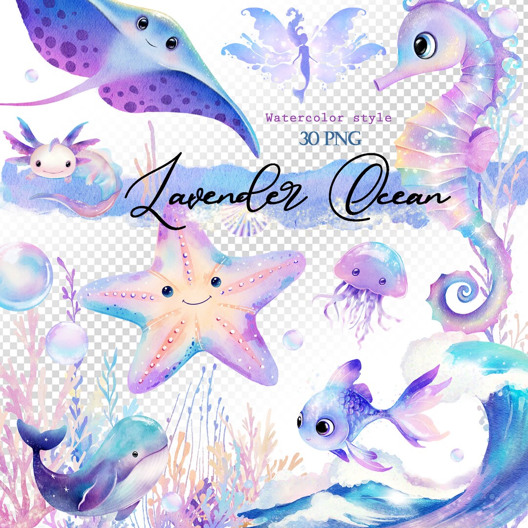 Cute Watercolor Undersea Clipart, Magic Lavender Ocean Animals Png ...