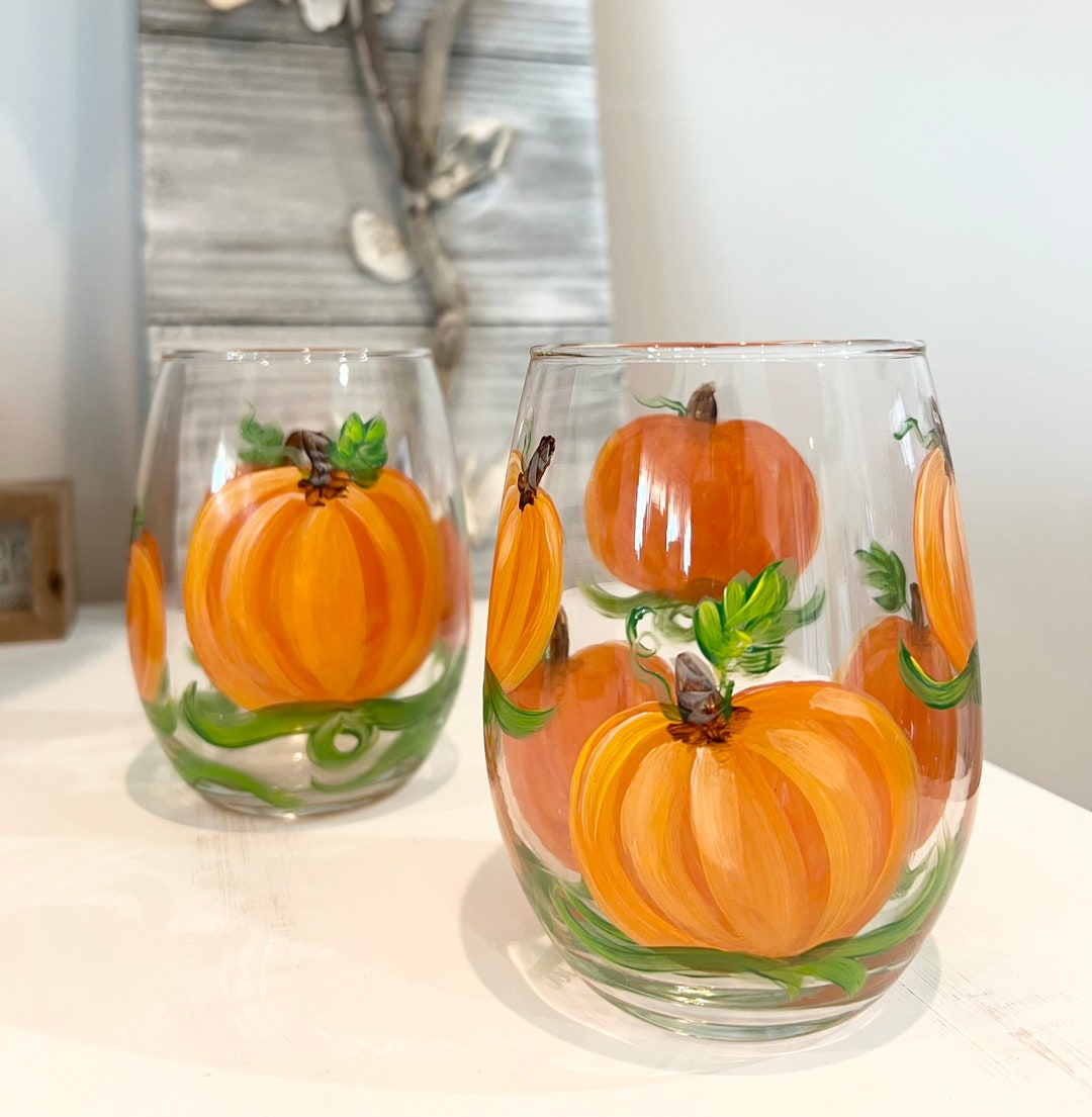 Hand Painted Wine Glasses / Pumpkin Wine Glass / Fall Leaves Wine Glass ...