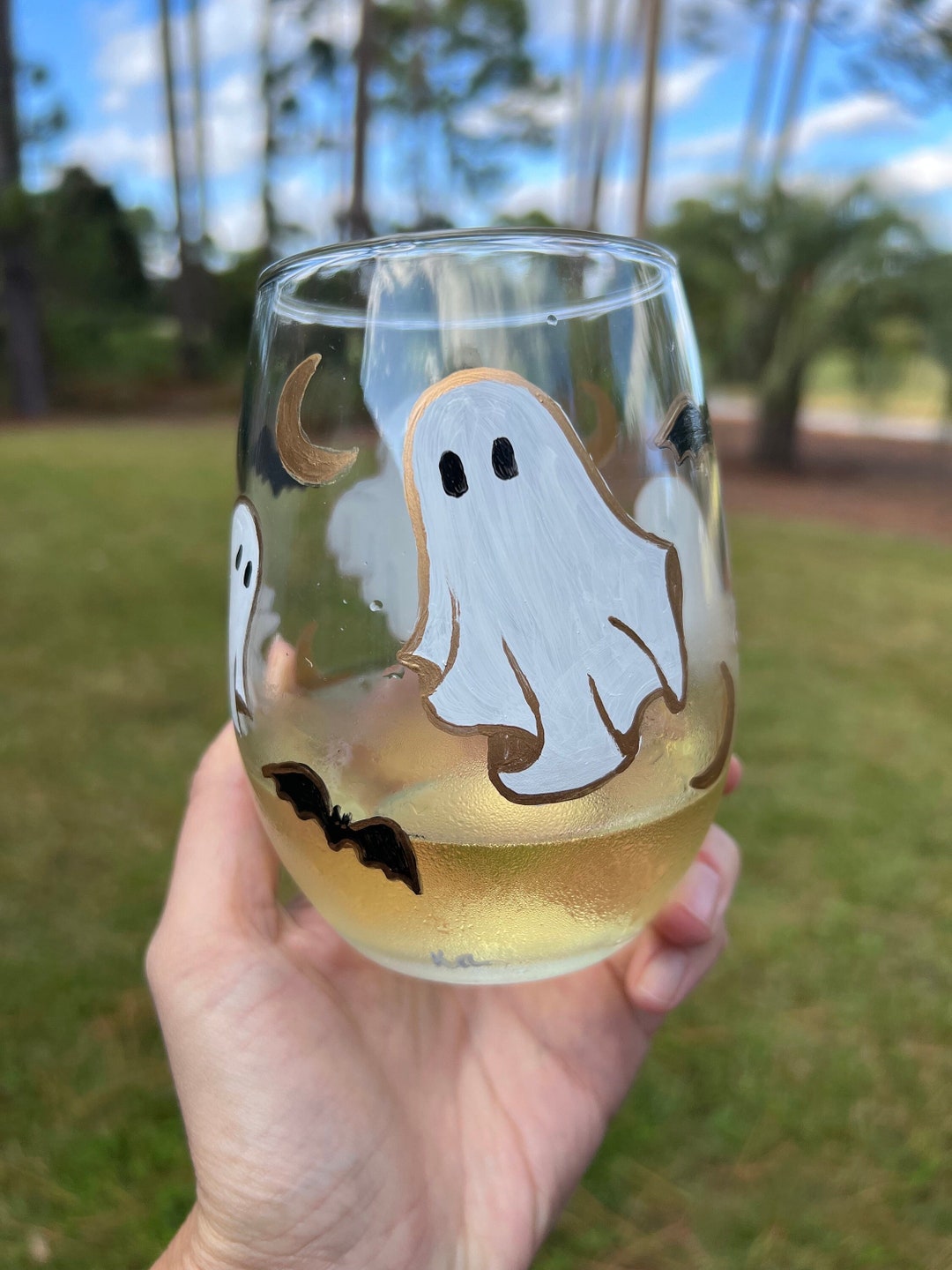 Hand Painted Ghost Wine Glass / Halloween Wine Glass / Ghosts / Bats ...