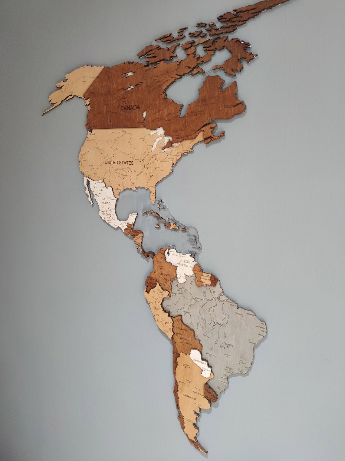 Rustic 3D Wooden Americas Wall Map – Handcrafted Wood Map of North ...