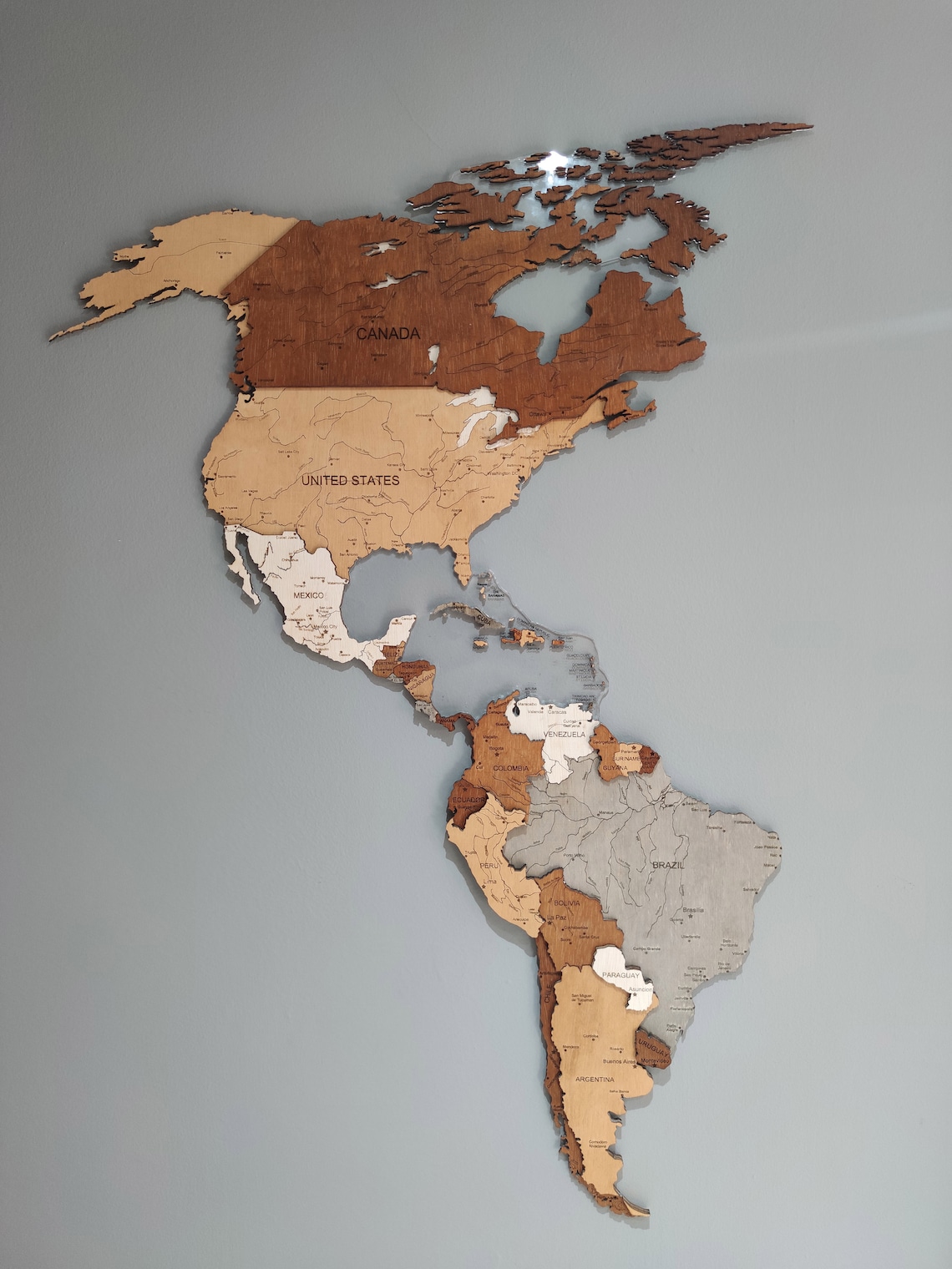 Rustic 3D Wooden Americas Wall Map – Handcrafted Wood Map of North ...
