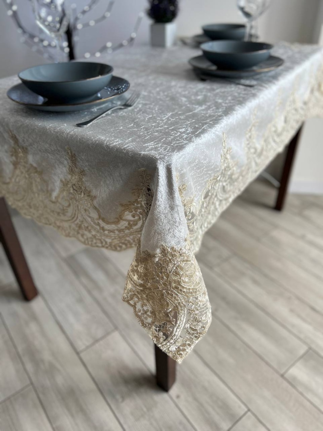 Velvet Tablecloth With Royal Lace, Elegant Lace Rectangular Table Cover ...