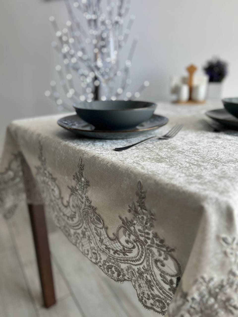 Velvet Tablecloth With Royal Lace, Elegant Lace Rectangular Table Cover ...