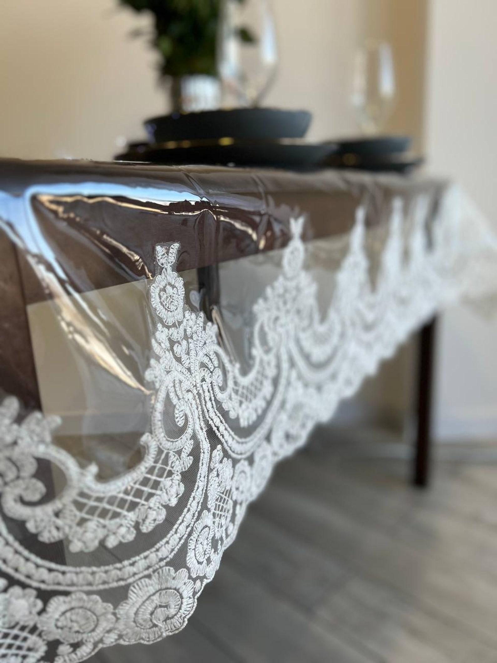 Transparent Table Cover With Royal Lace, Tablecloth Banquet Size ...