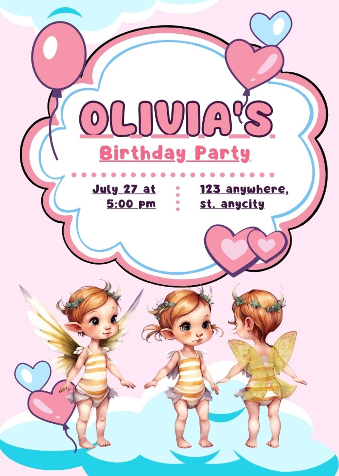 Fairy Birthday Invitation Template, Three Young Fae Invitation, Pastel ...