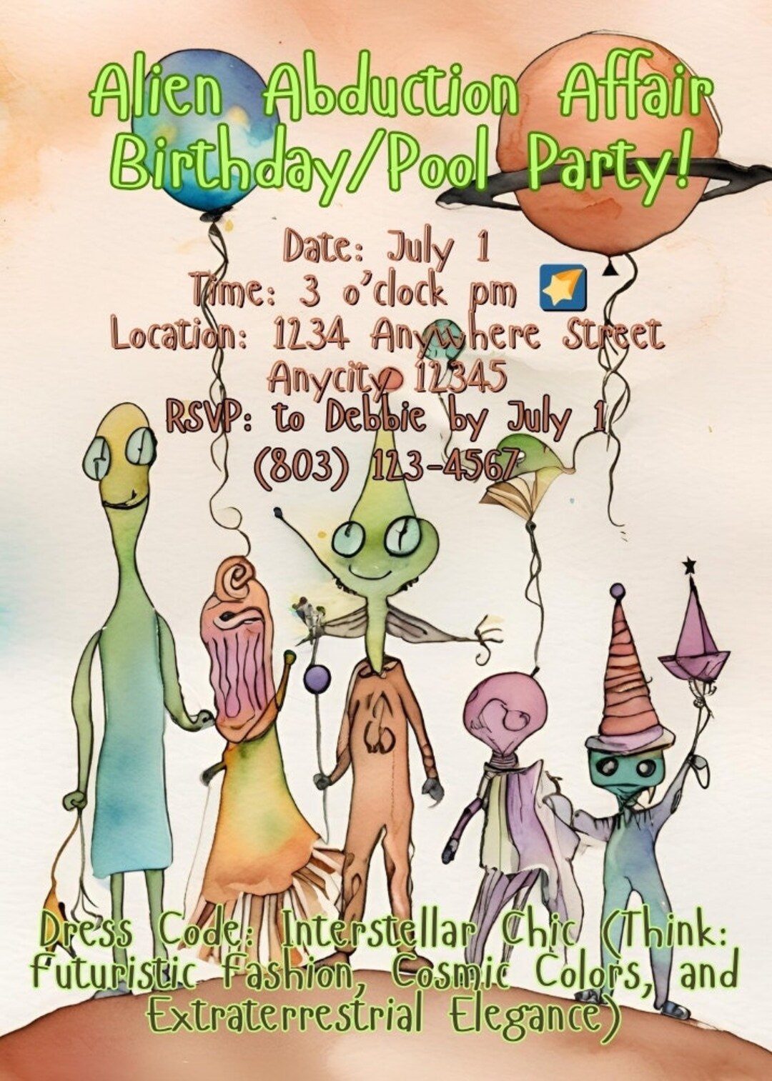Alien Pool Party Invitation Template for Tweens, Backyard Pool ...