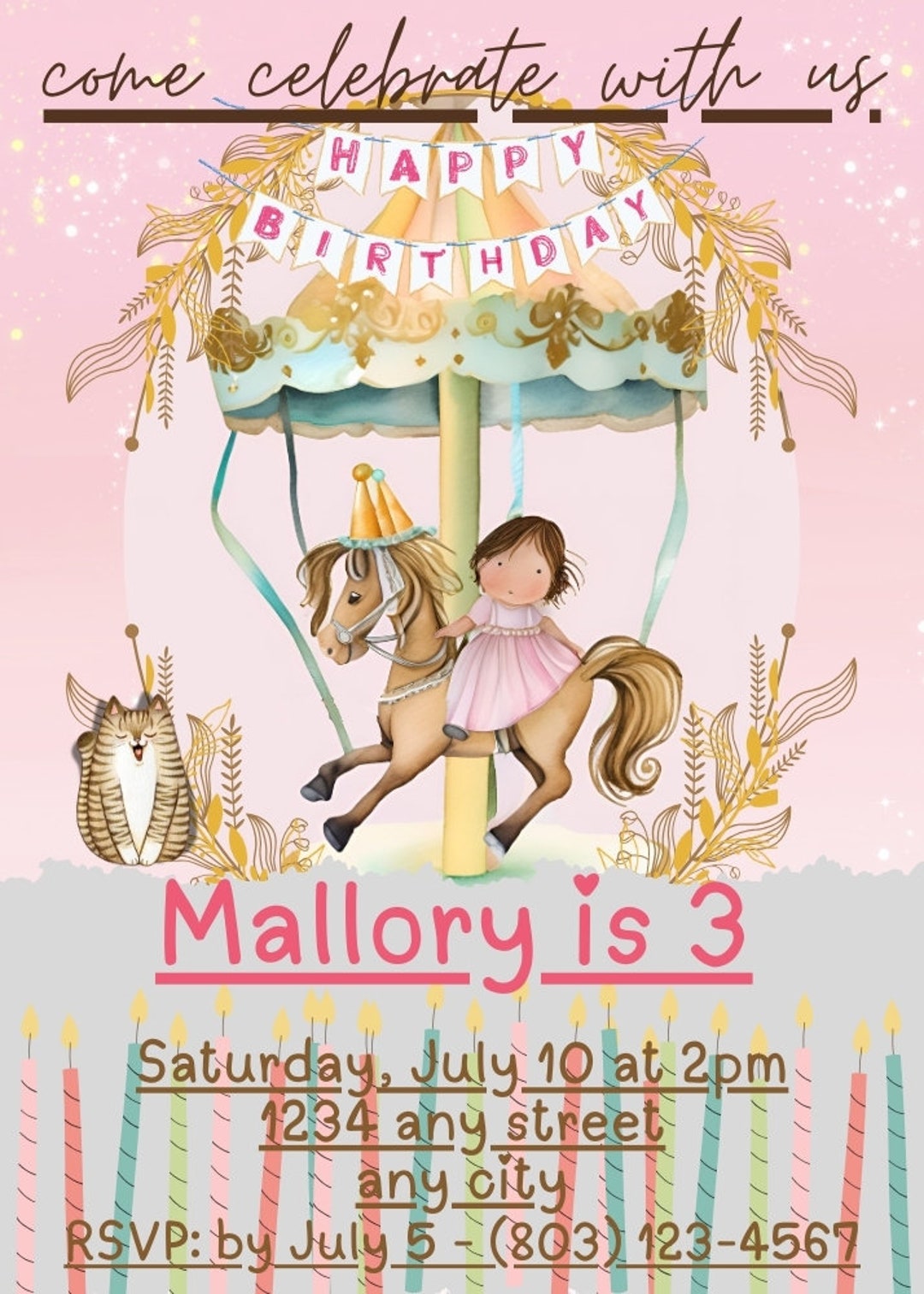 Carousel Birthday Invitation Template, Carousel Cat Invitation, Pastel ...