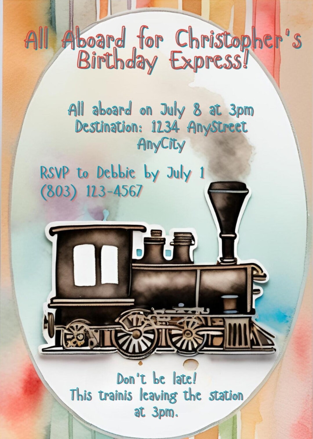 Train Birthday Invitation Template, Adorable Steam Train Invite, Pastel ...