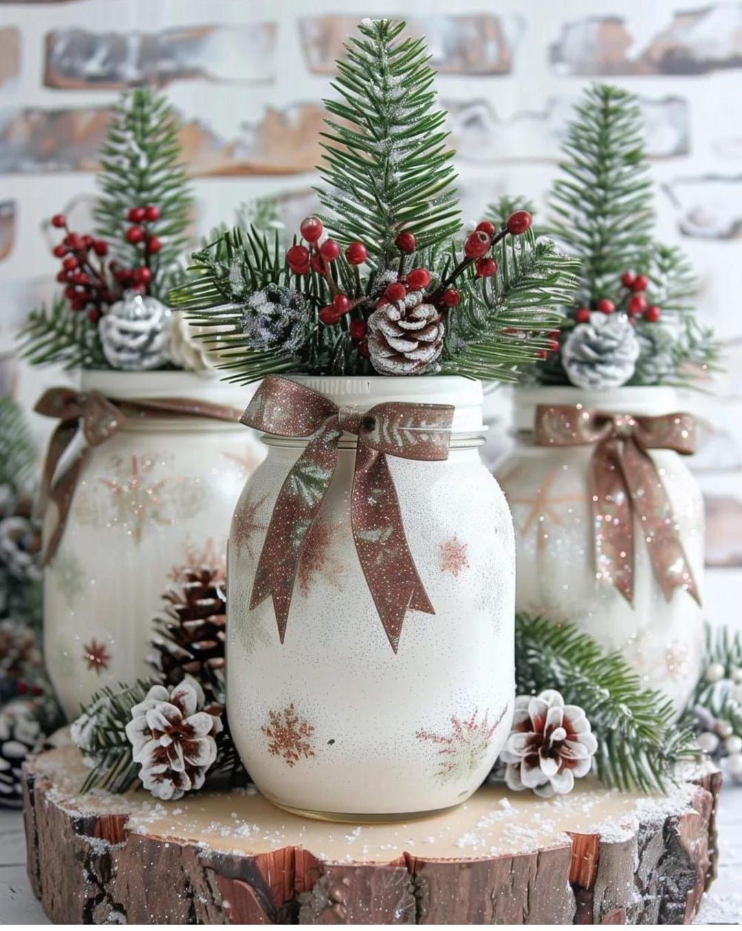 Set of 3 Milky White Snowflake Jars and Beautiful Greenery for a ...