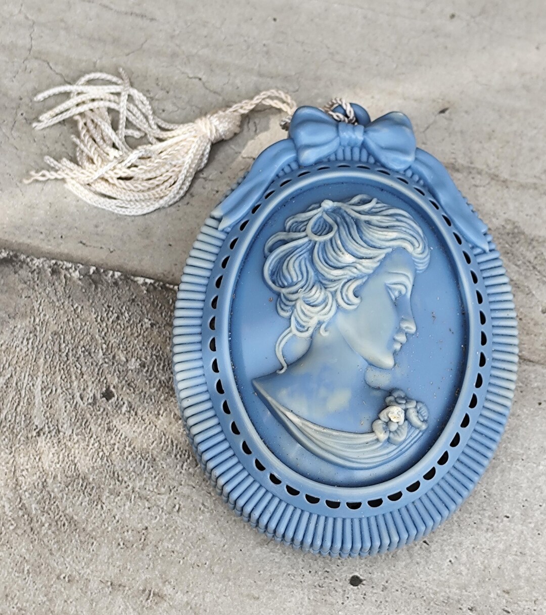 Powder Blue Celluloid Cameo Box, Double Sided With Silk Tassel Hinge ...