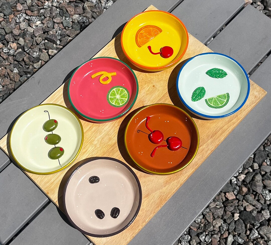 Retro Colorful Cocktail Trinket Dish, Hand Painted Clay Ring Dish, Bar ...