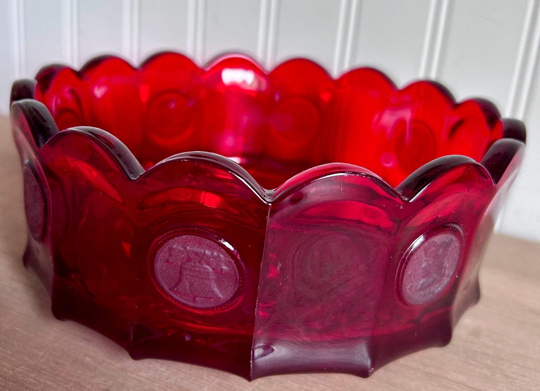Vintage Fostoria Ruby Red Coin Bowl Liberty Bell Scalloped Rim ...