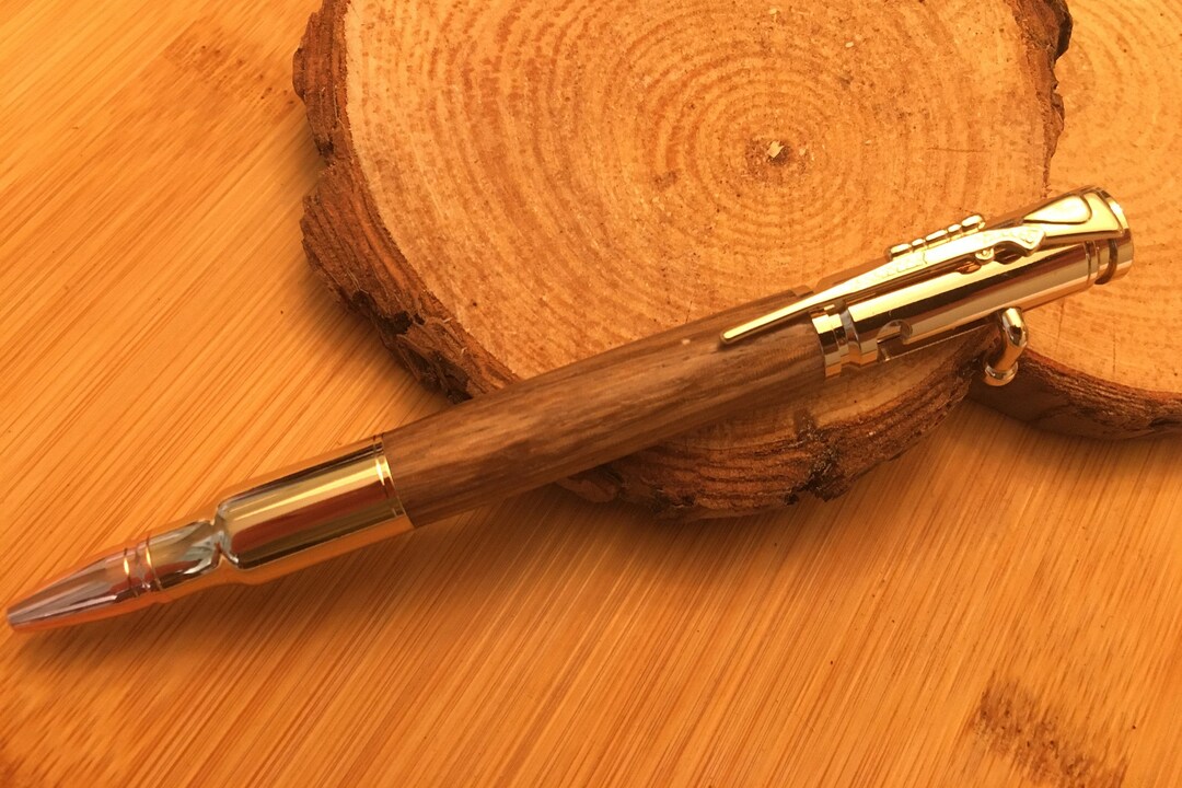 30 Caliber Bolt Action Hand Turned Ballpoint Pen. Gold with Zebrawood ...