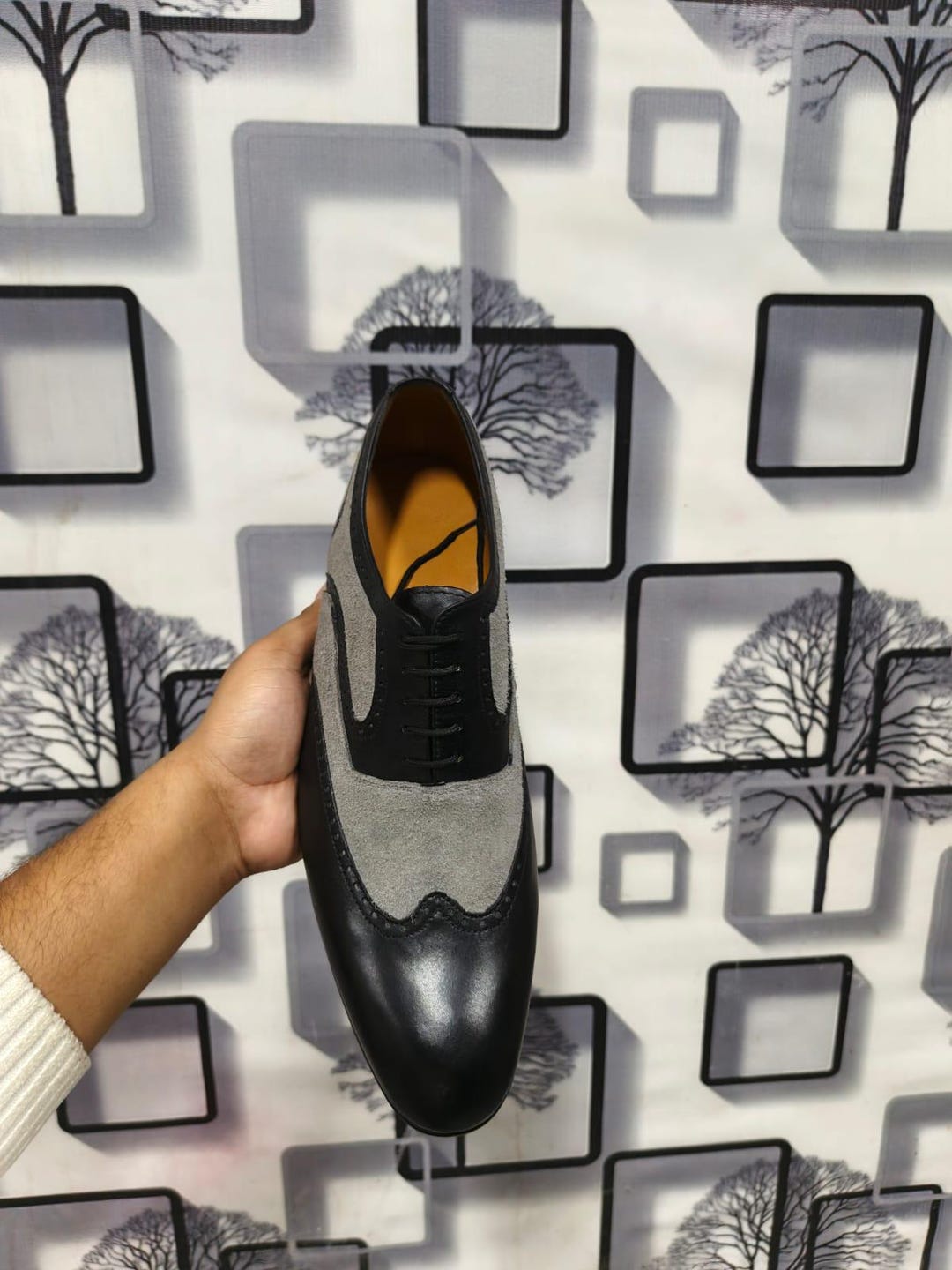 Handmade Men Black and Gray Wingtip Formal Dress Shoes, Calf Leather ...
