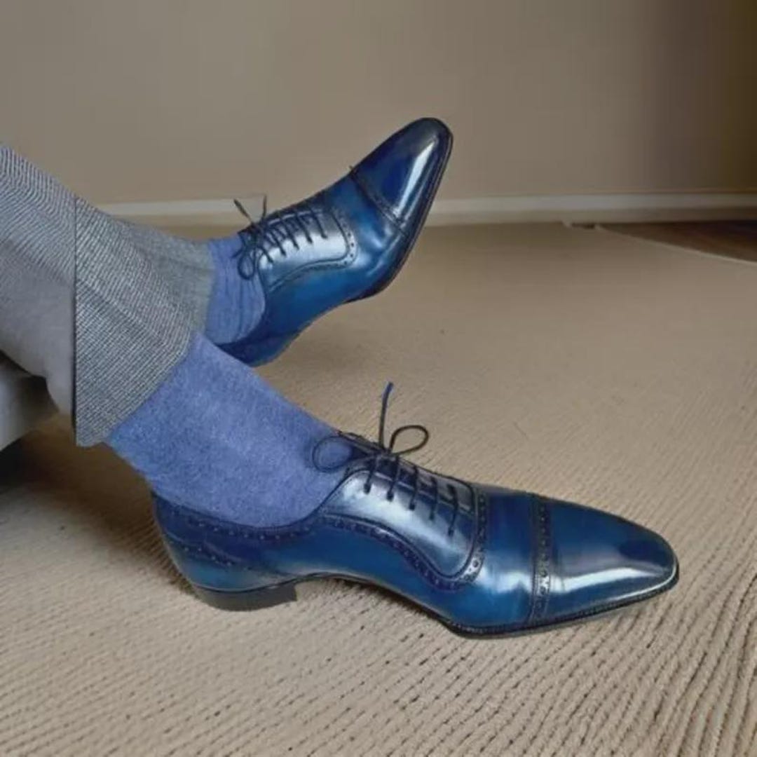 Handmade Mens Blue Leather Brogue Pointed Toe Shoes, Shoe for Men - Etsy