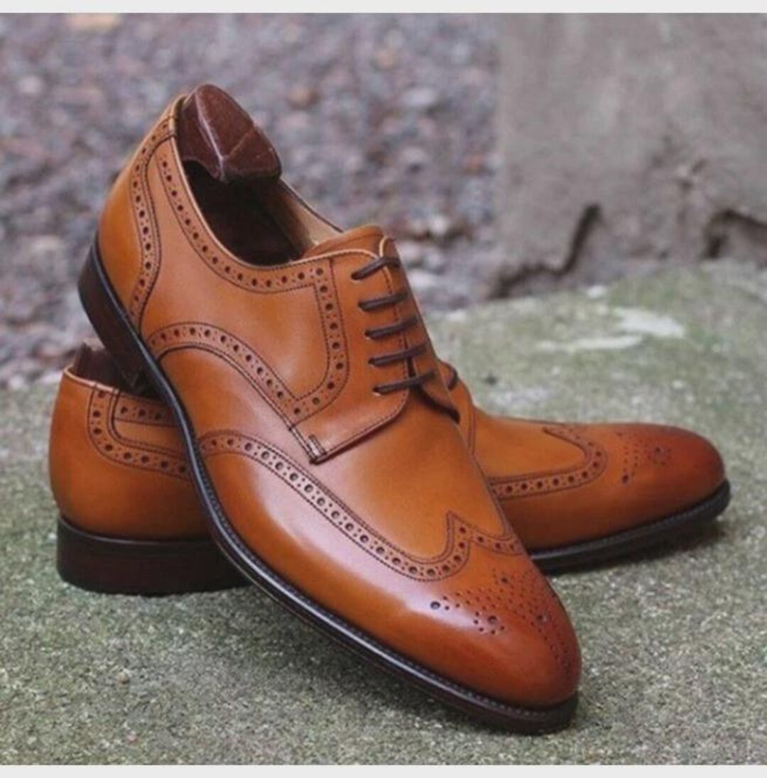 Handmade Brown Wing Tip Brogue Derby Lace up Dress Leather Business ...