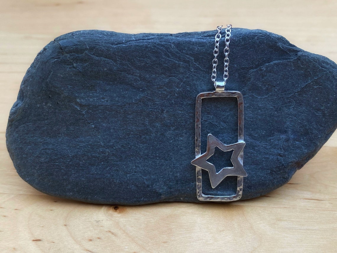 Star on Rectangle, Contemporary Design Pendant, Solid Sterling Silver ...