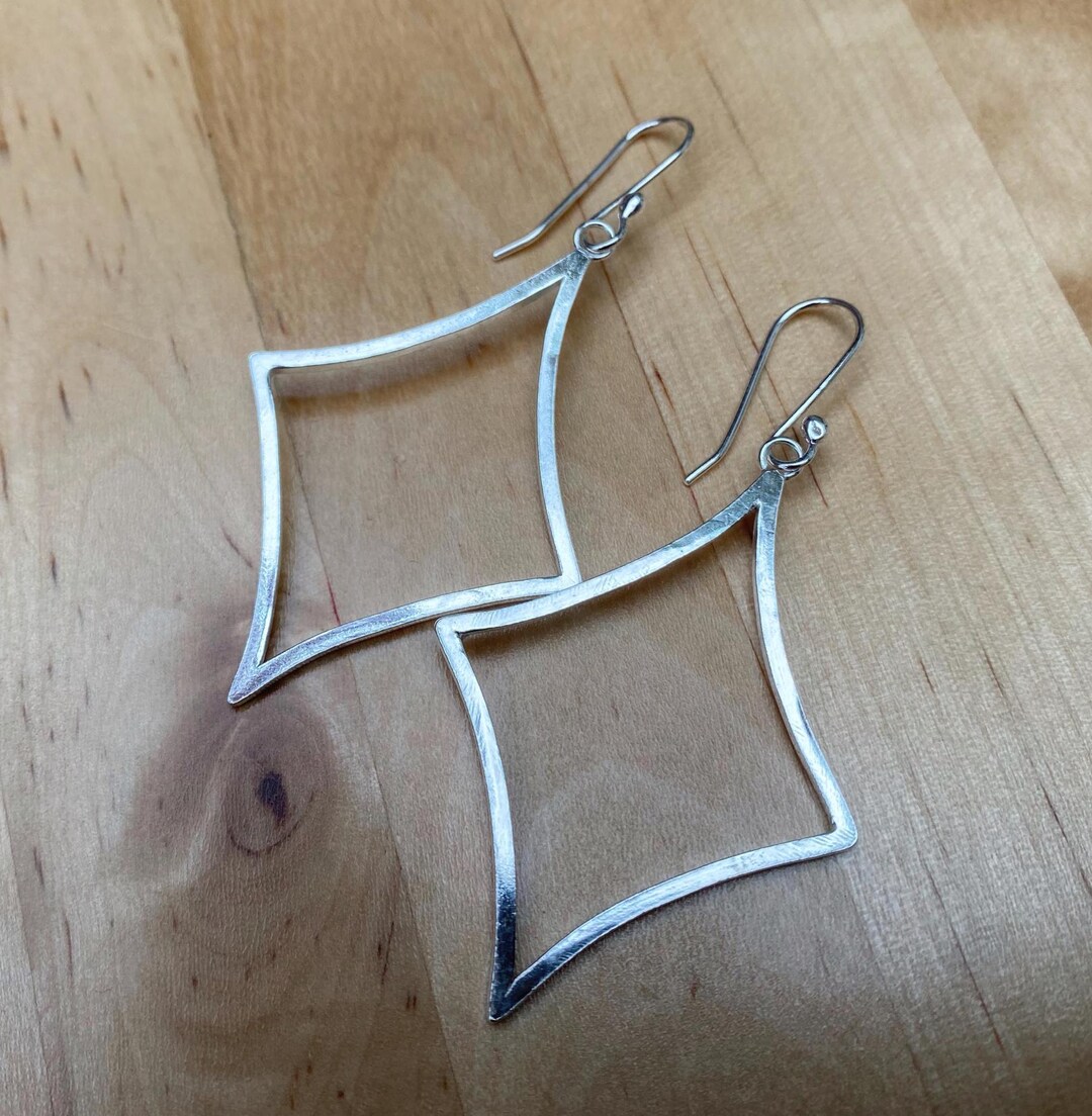 Large Curved Diamond Shaped Drop Earrings, Sterling Silver, Minimalist ...