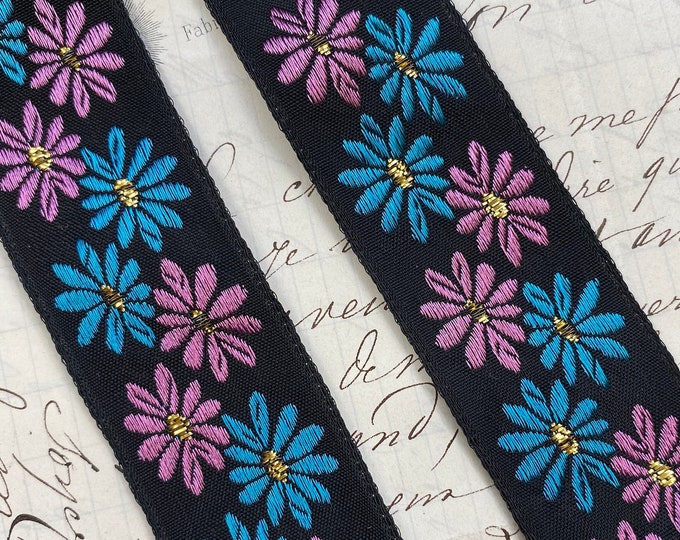 1 Vintage French Jacquard Ribbon Trim Woven Embroidered Daisy Floral ...