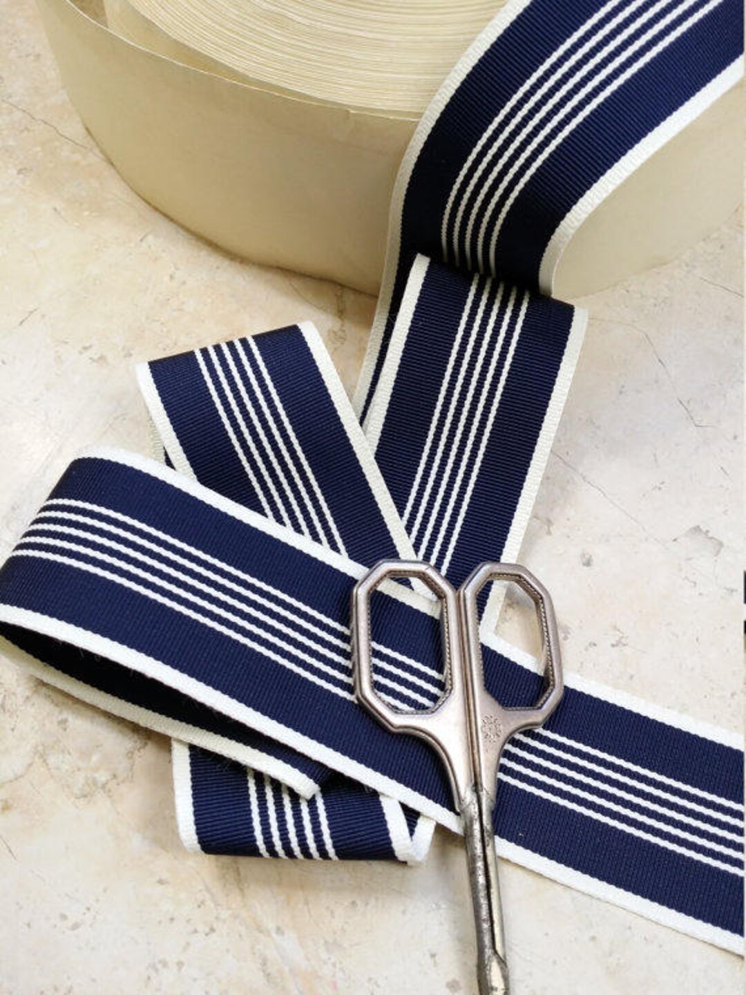 1.5" Vintage Stripe Millinery Ribbon Trim in Elegant Navy and Creamy ...