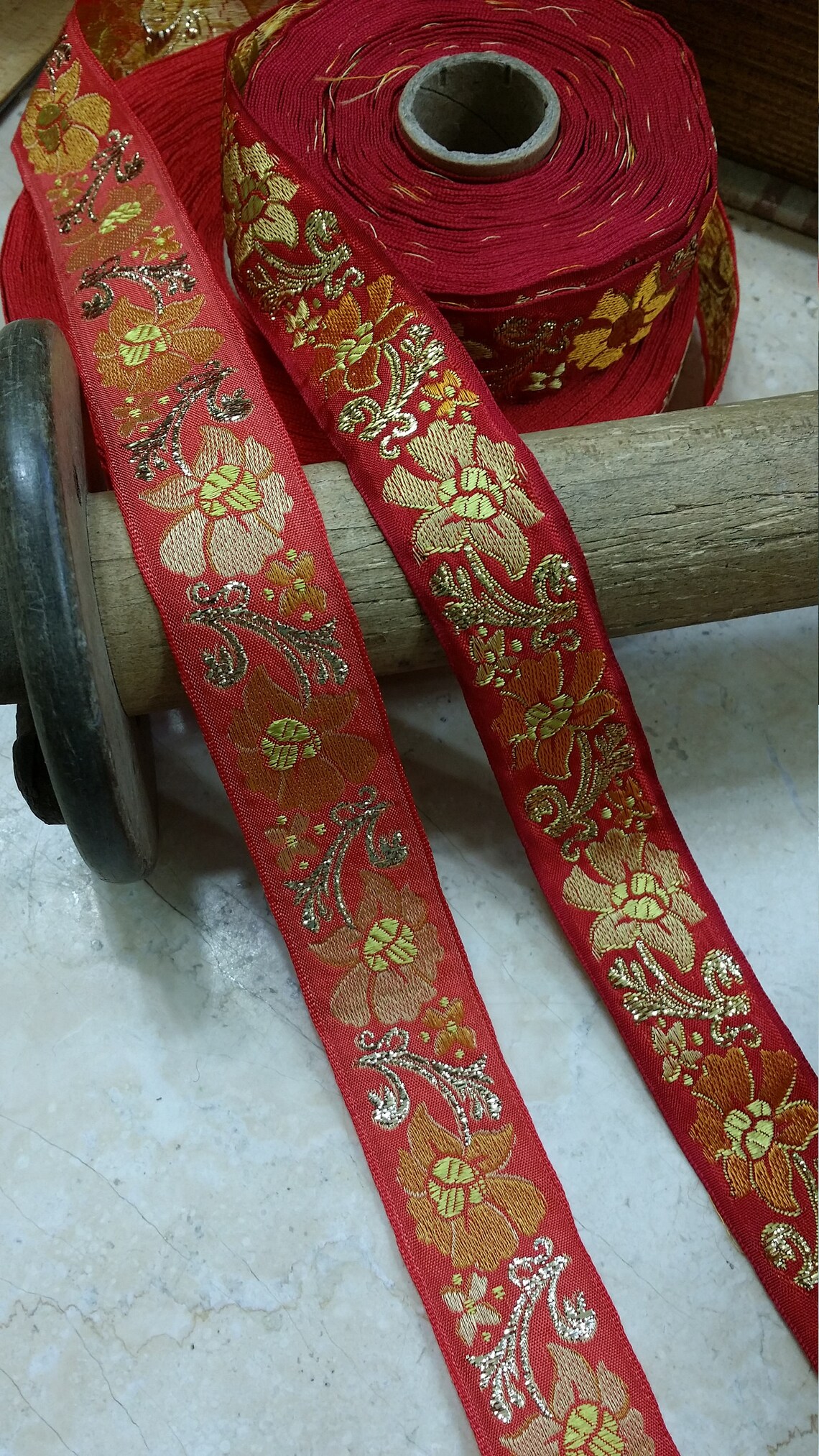 1" Vintage French Jacquard Trim Red Woven Ribbon With Whimsical Florals ...