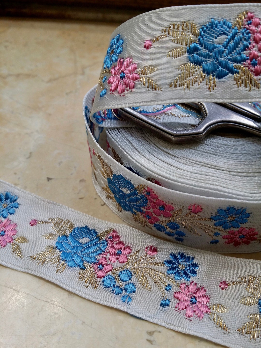 1" Vintage French Jacquard Ribbon Trim Floral Embroidered Jacquard ...