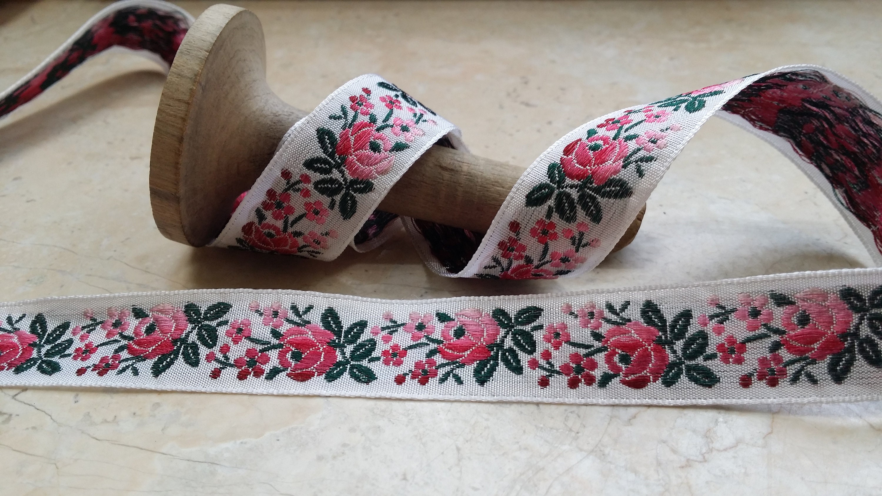 3/4" Vintage French Jacquard Ribbon Trim White Woven With Embroidered ...