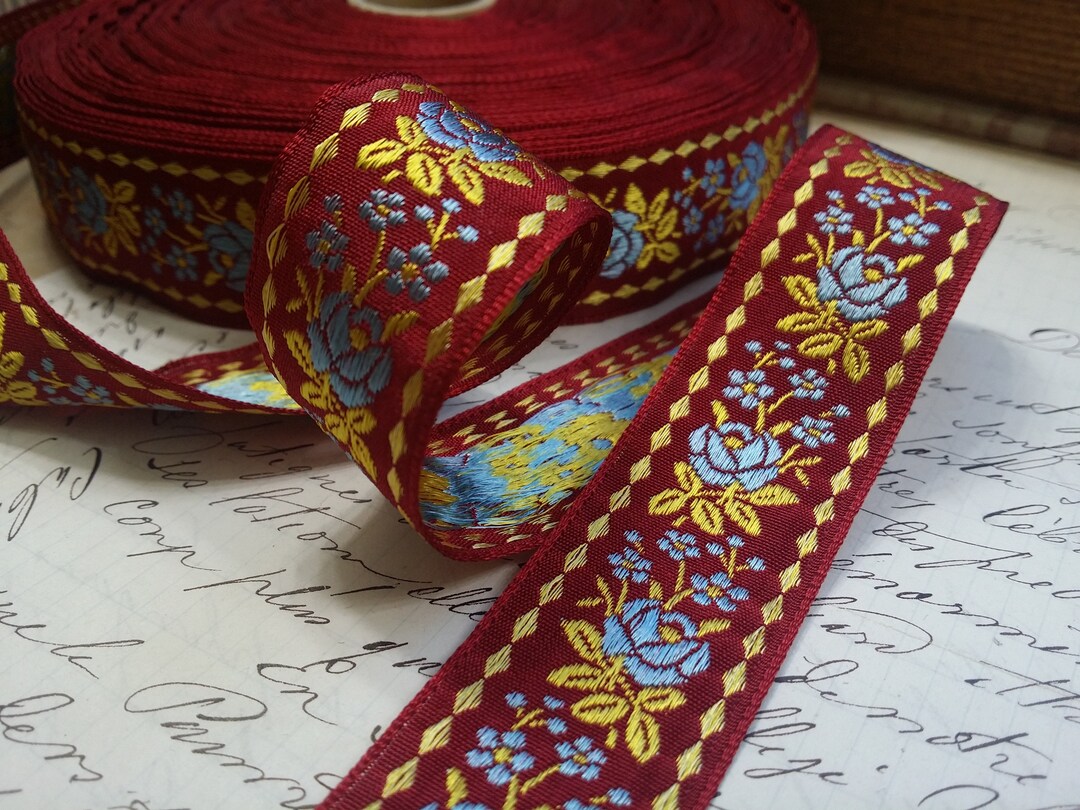 1" Vintage French Jacquard Trim Burgundy Red Woven Ribbon With French ...