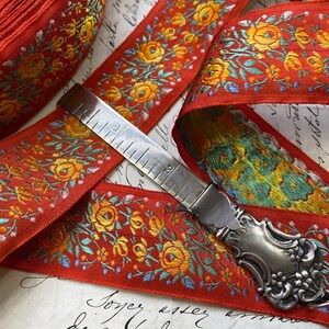 1.375" Vintage French Jacquard Trim Ribbon Red With Ombre Florals ...