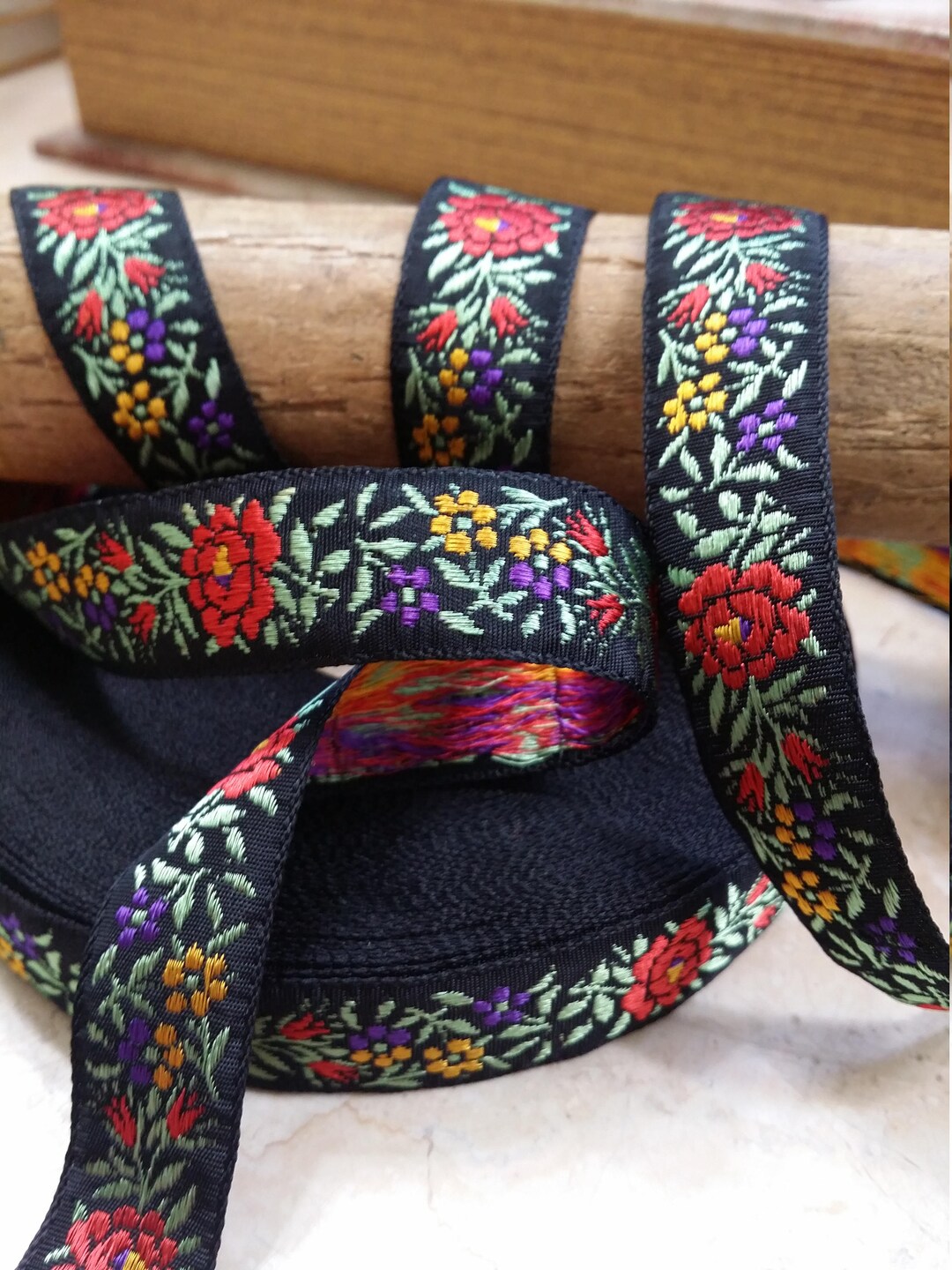 5/8" Vintage French Jacquard Ribbon Trim Black With Embroidered Florals ...