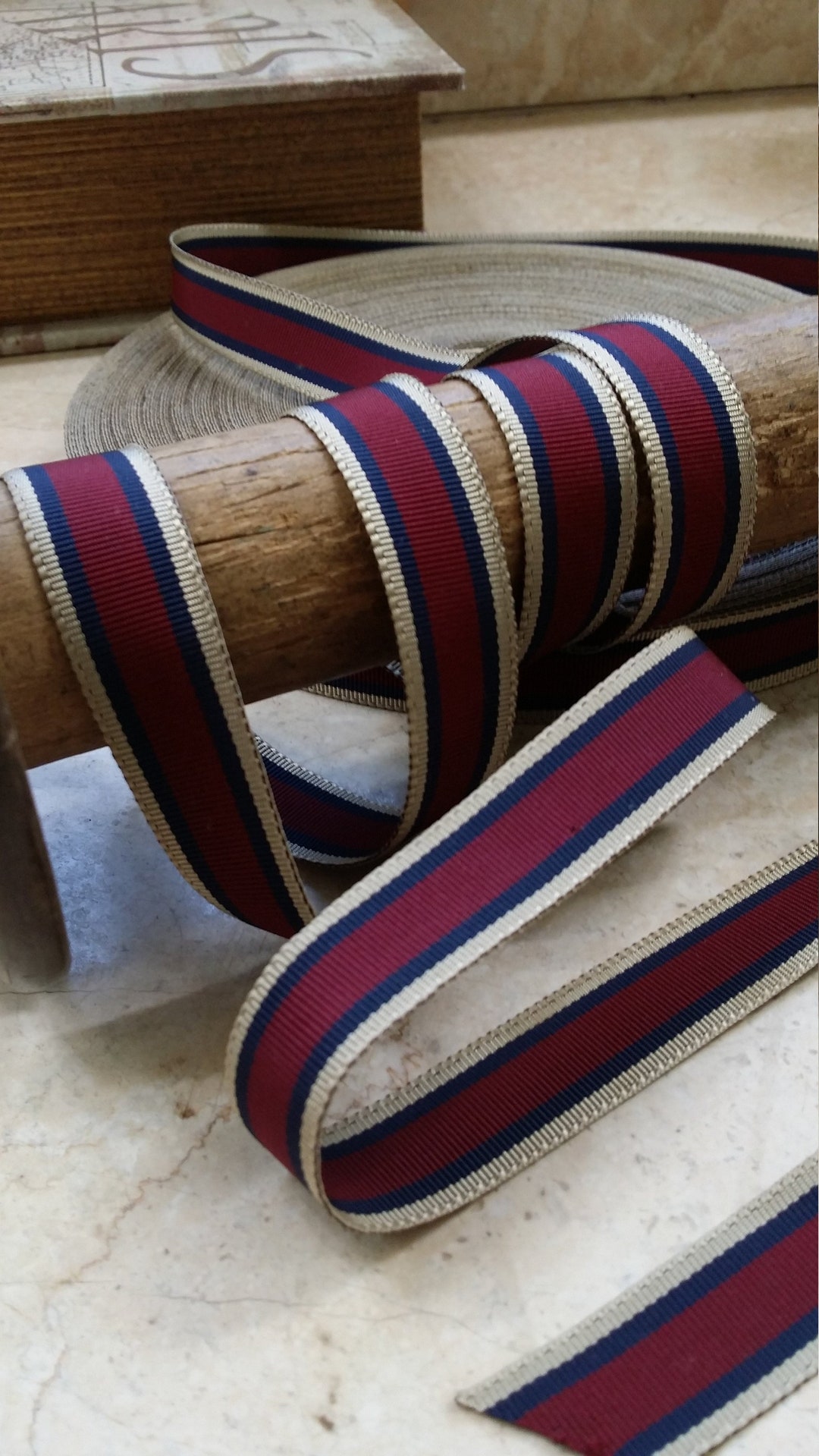 5/8" Vintage Stripe Millinery Ribbon Trim Beige Navy Burgundy Hatter ...