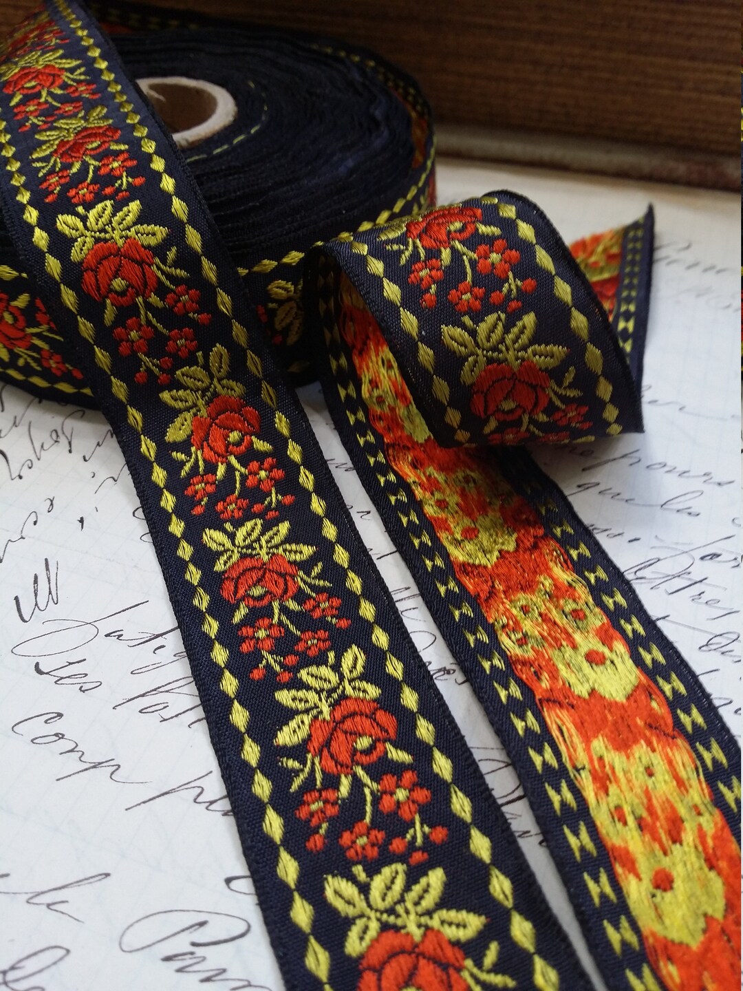 1" Vintage Black Jacquard Ribbon Trim Woven With Burnt Saffron Orange ...