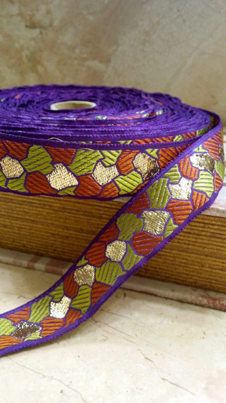 1" Vintage French Jacquard Woven Ribbon Trim With Embroidered Abstract ...