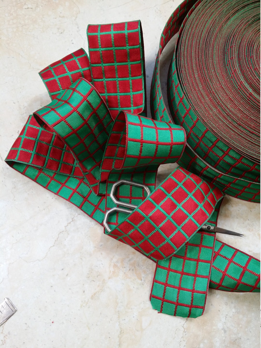 1.5" Vintage Wire Edge Reversible Ribbon Christmas Green Red Square ...