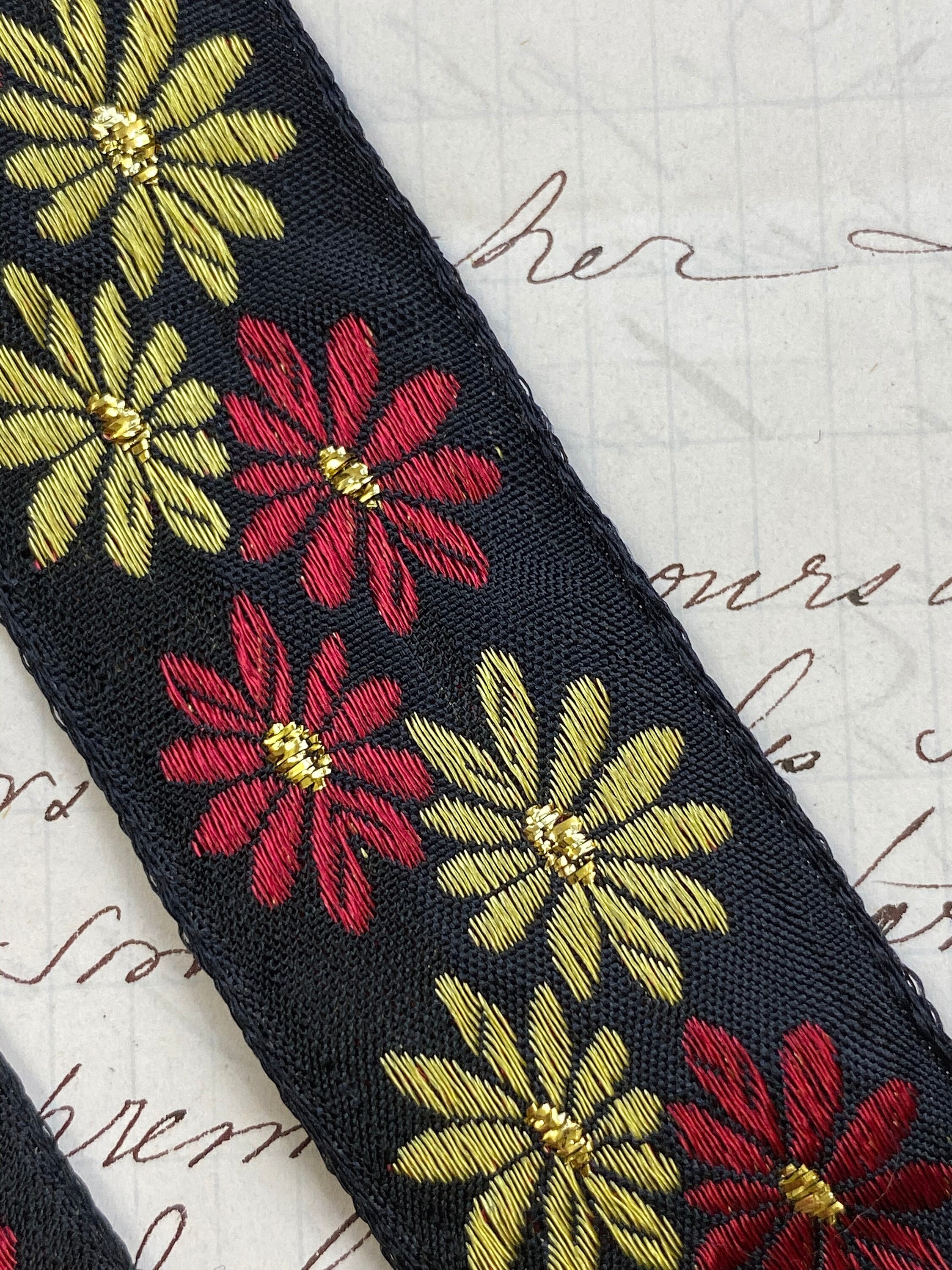 1" Vintage French Jacquard Ribbon Trim Woven Embroidered Daisy Floral ...