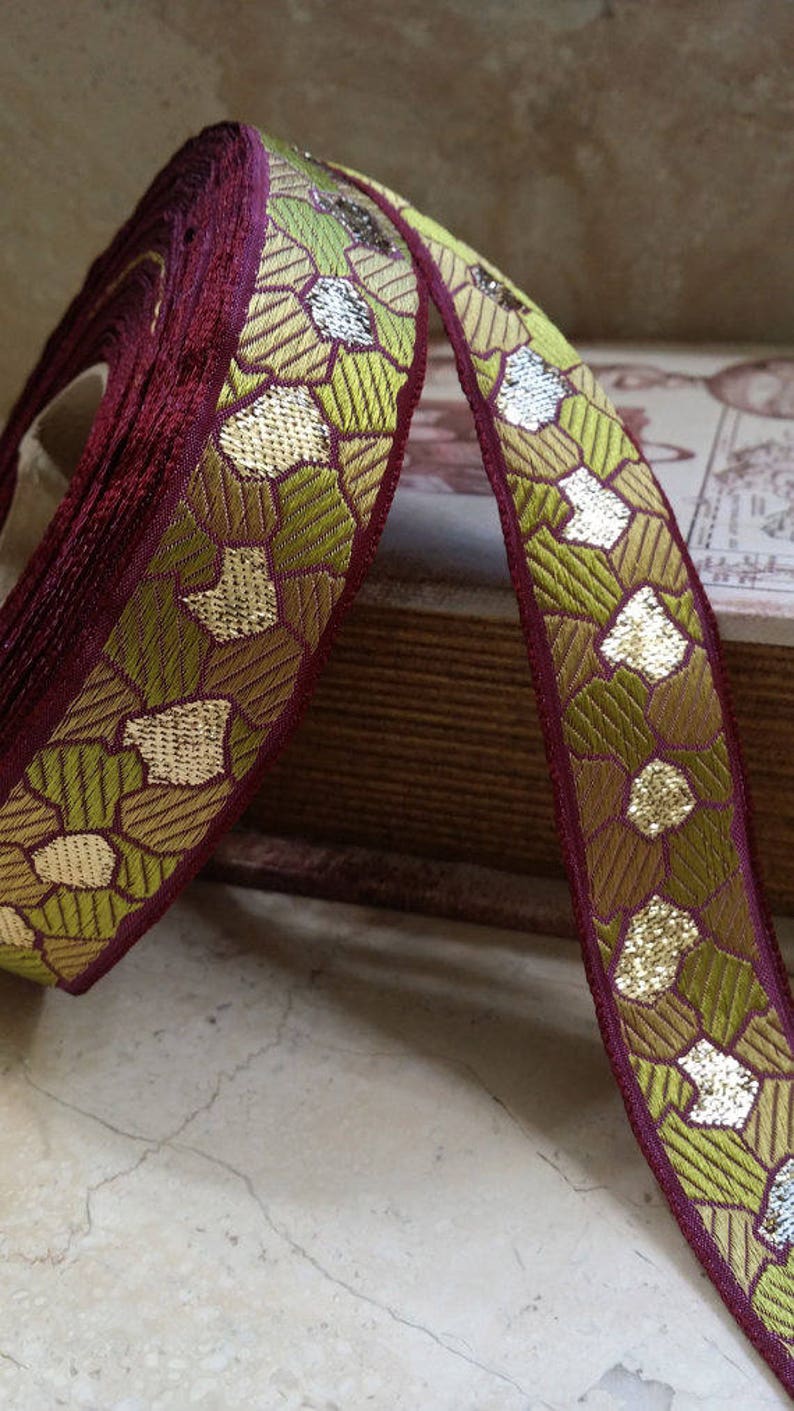 1" Vintage French Jacquard Woven Ribbon Trim With Embroidered Abstract ...