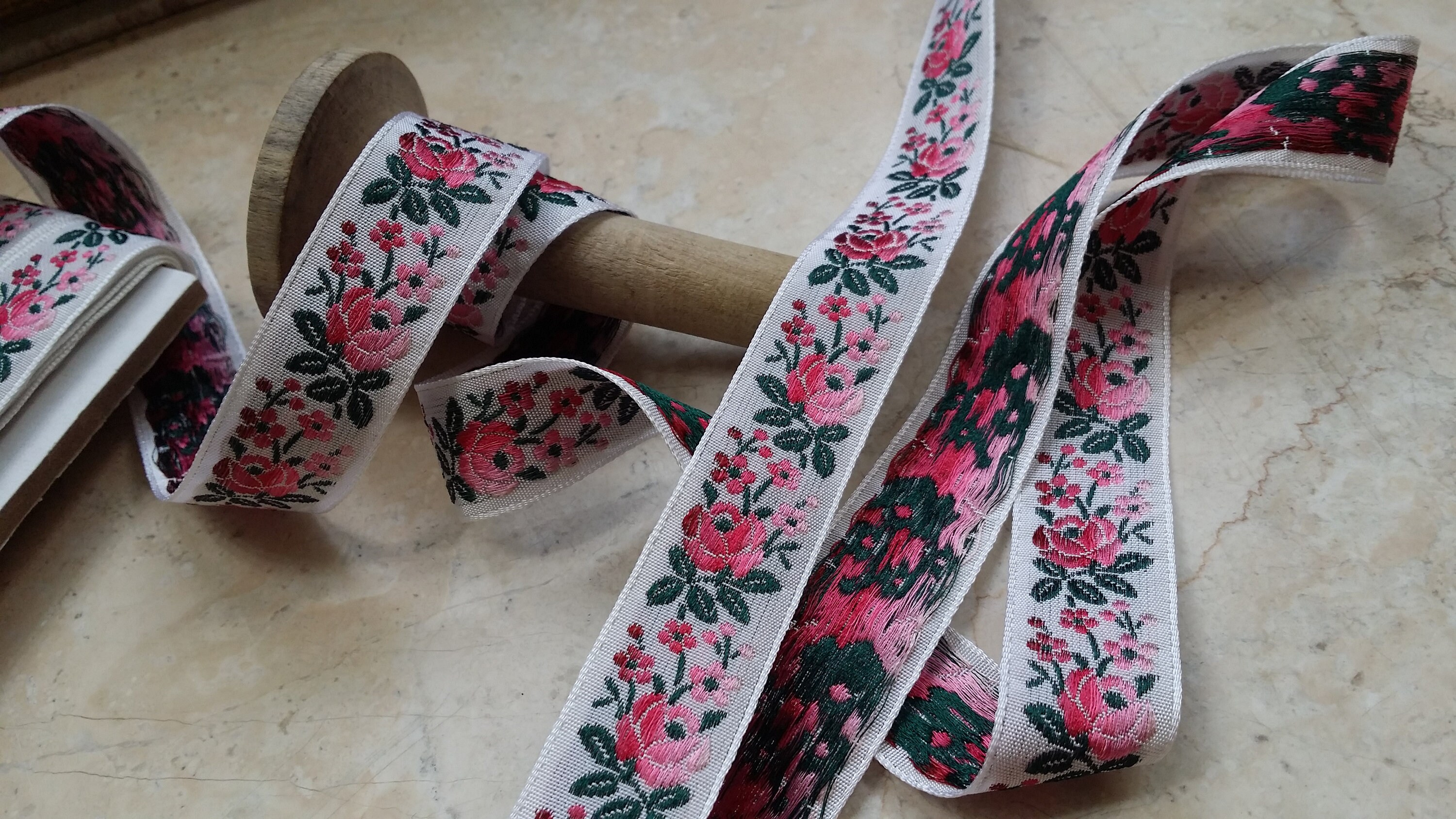 3/4" Vintage French Jacquard Ribbon Trim White Woven With Embroidered ...