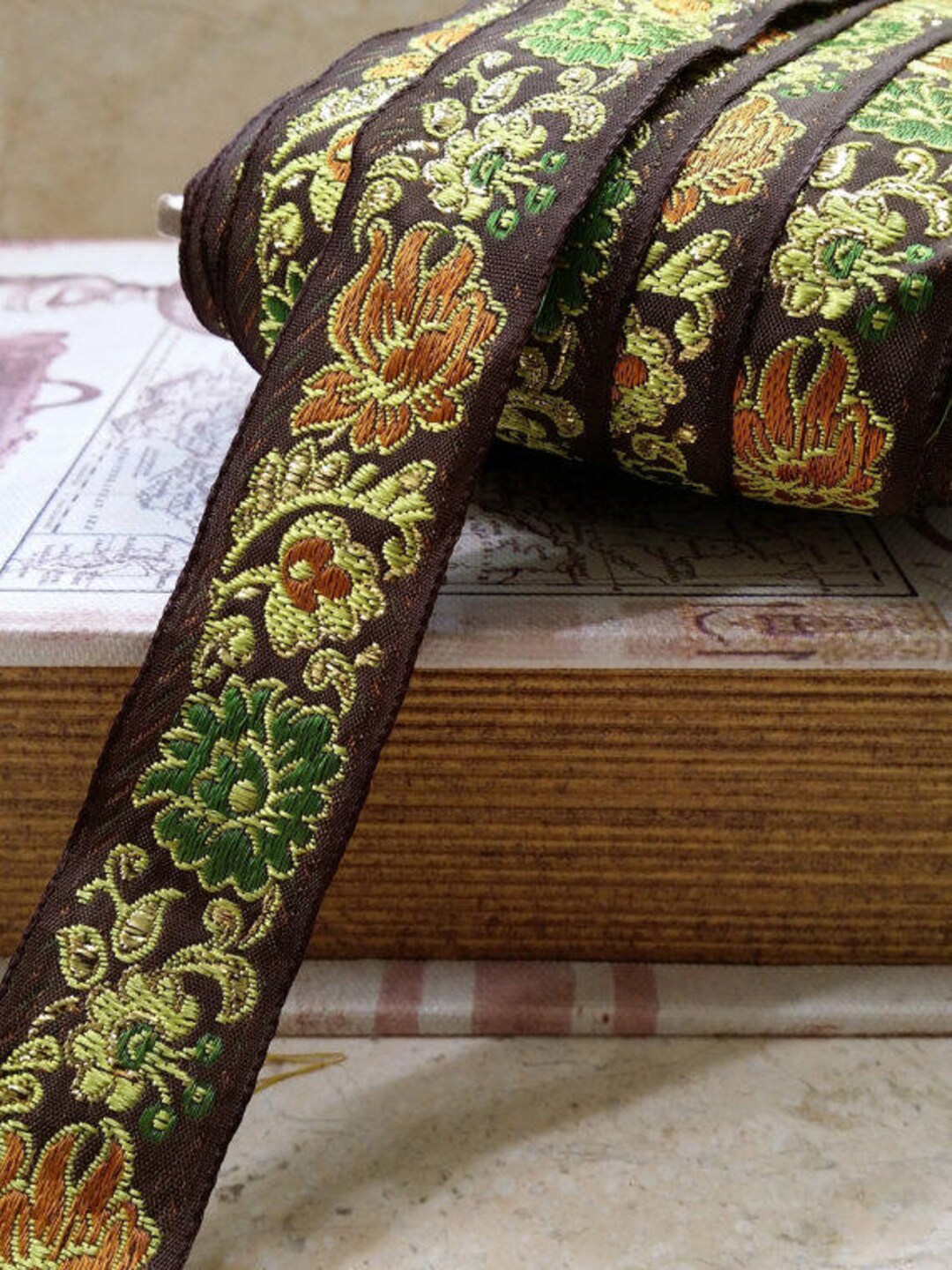 1" Brown Vintage French Jacquard Ribbon Trim Embroidered Florals and ...