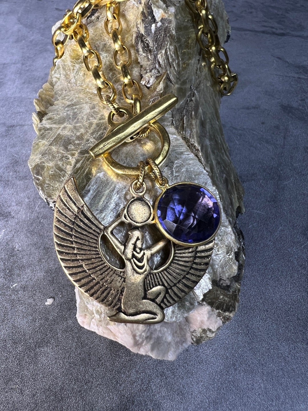 Gold Gorgeous Goddess Isis Pendant With an Iolite Crystal Coin on a ...