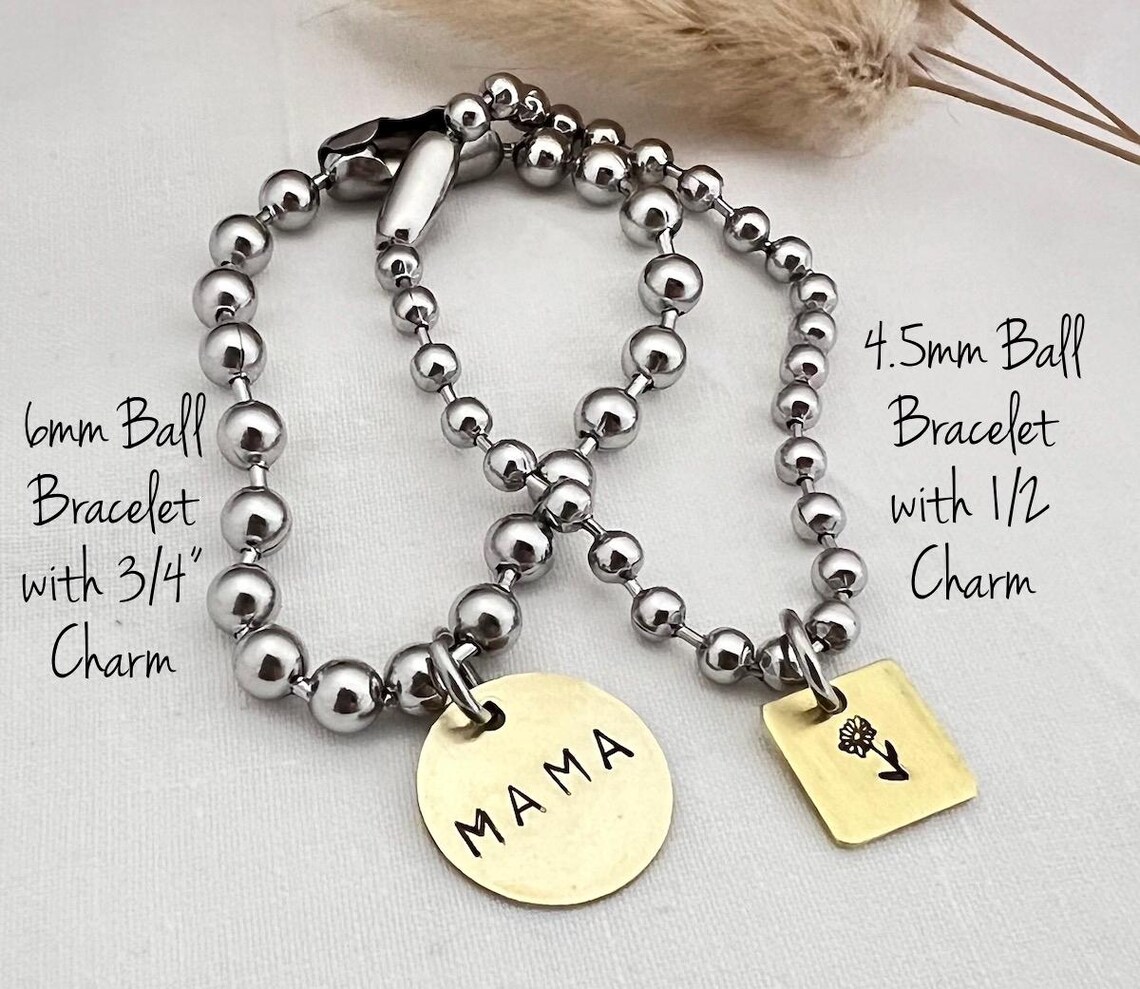 Chunky Stainless Steel Ball Chain Bracelet Set With Name & Birth Flower ...